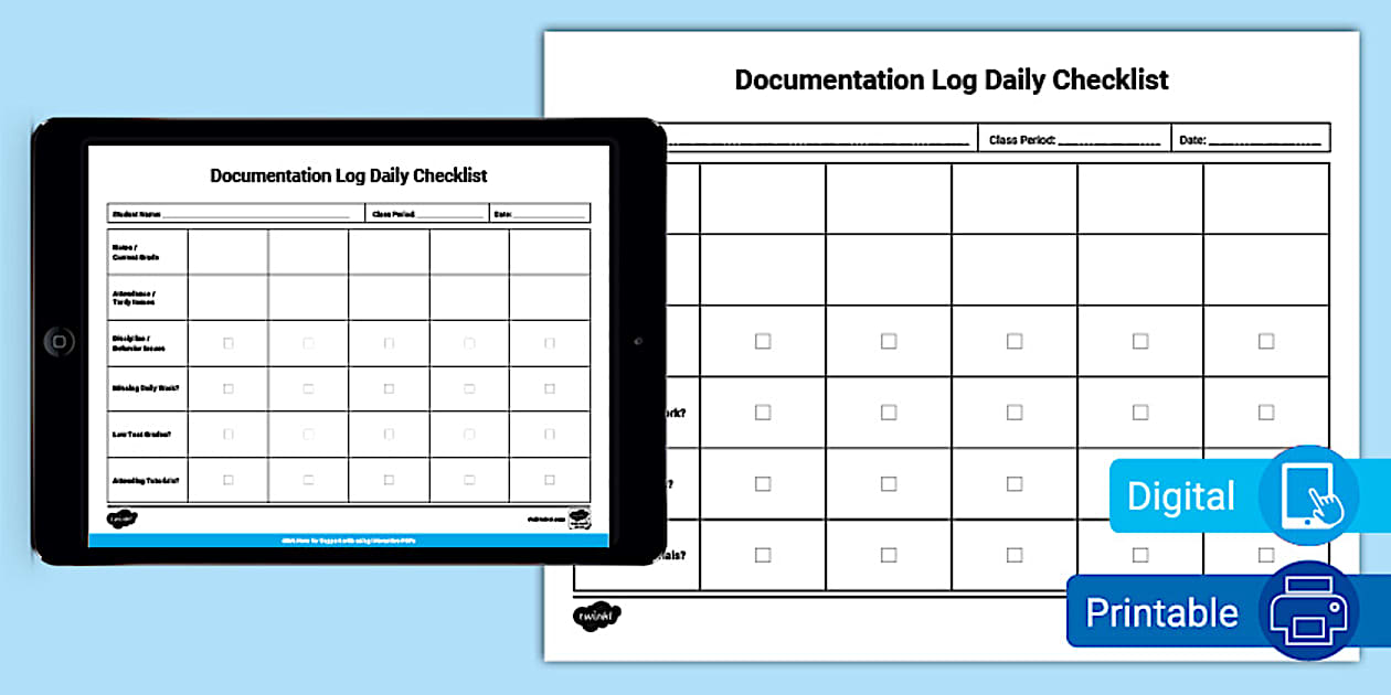 Documentation Log Daily Checklist for 6th-8th (teacher made)