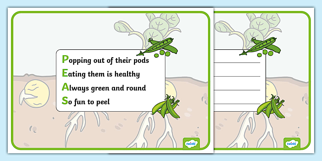 Peas Acrostic Poem Example and Template (teacher made)
