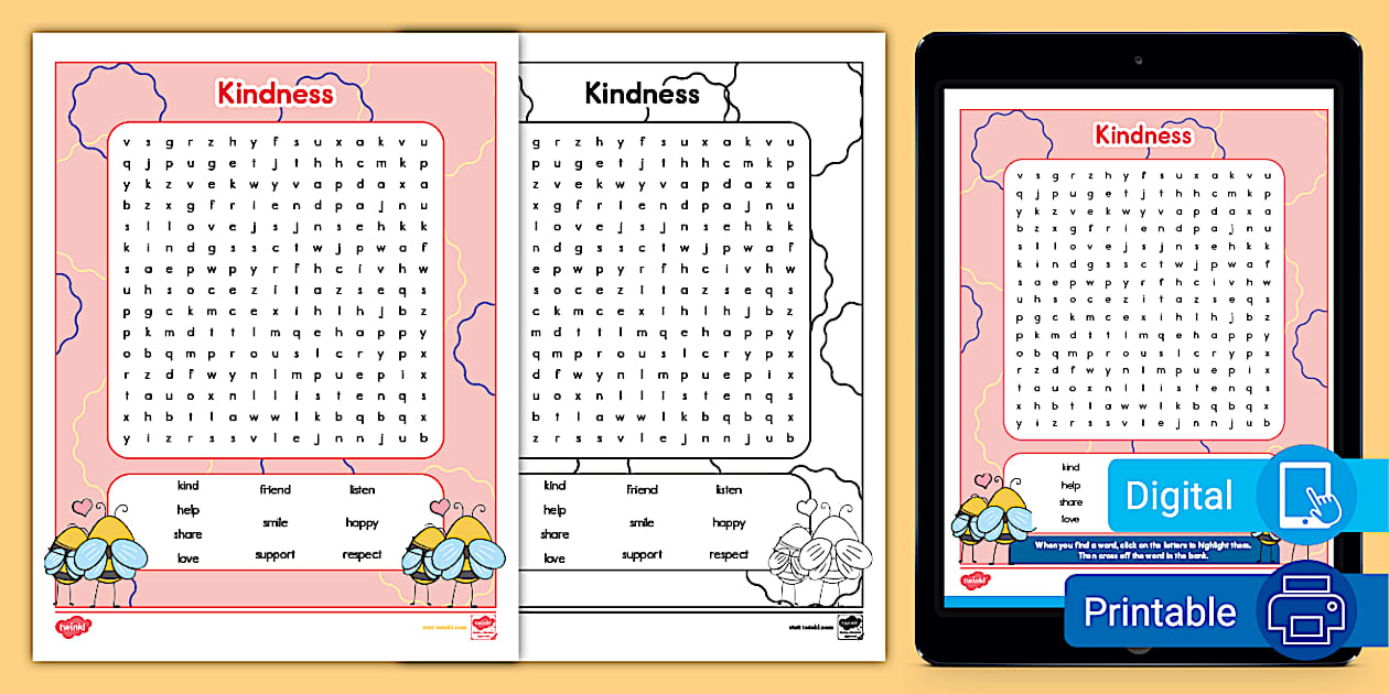 Kindness Word Search for K-2nd Grade