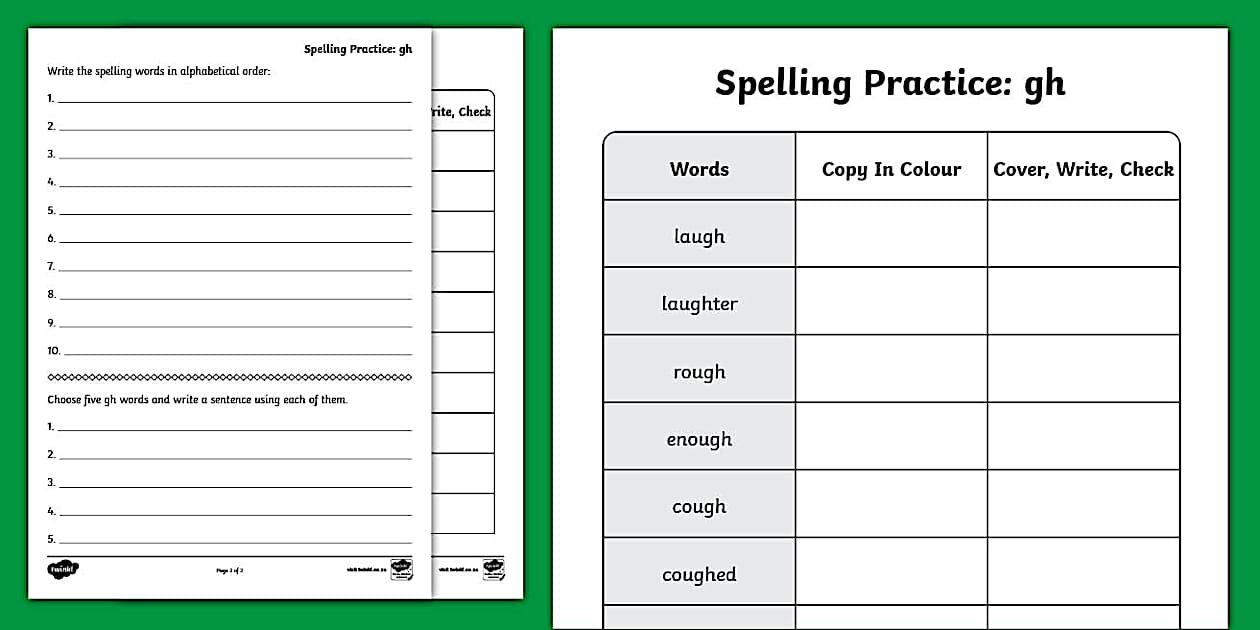 Grade 3 gh Phonics Spelling Practice Sheets - Twinkl