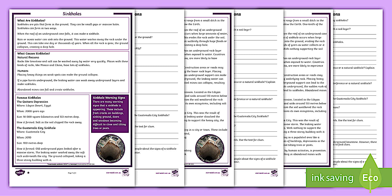 Sinkholes Differentiated Comprehension Activity - Years 5-6