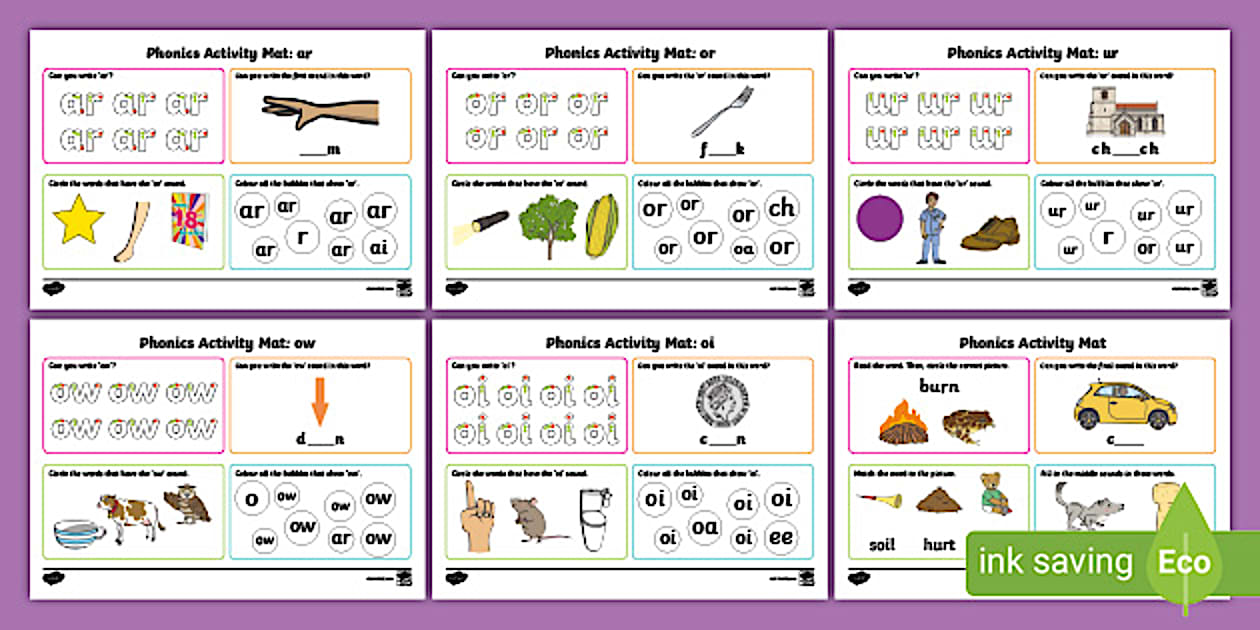 EYFS Phase 3 ar, or, ur, ow, oi Phonics Activity Mats