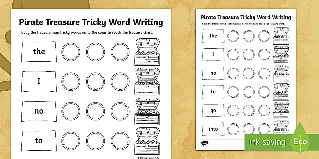 Editable Pirate Treasure Phase 2 Tricky Words Writing Worksheet