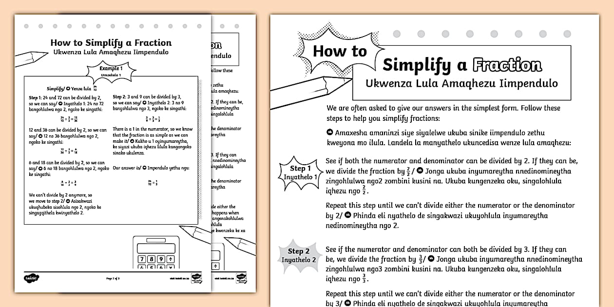 How to Simplify a Fraction: Activity Sheet IsiXhosa - Twinkl