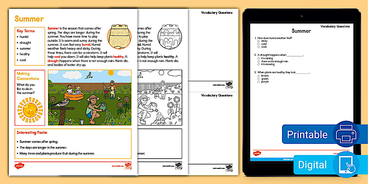 First Grade Summer Fact File and Vocabulary Questions