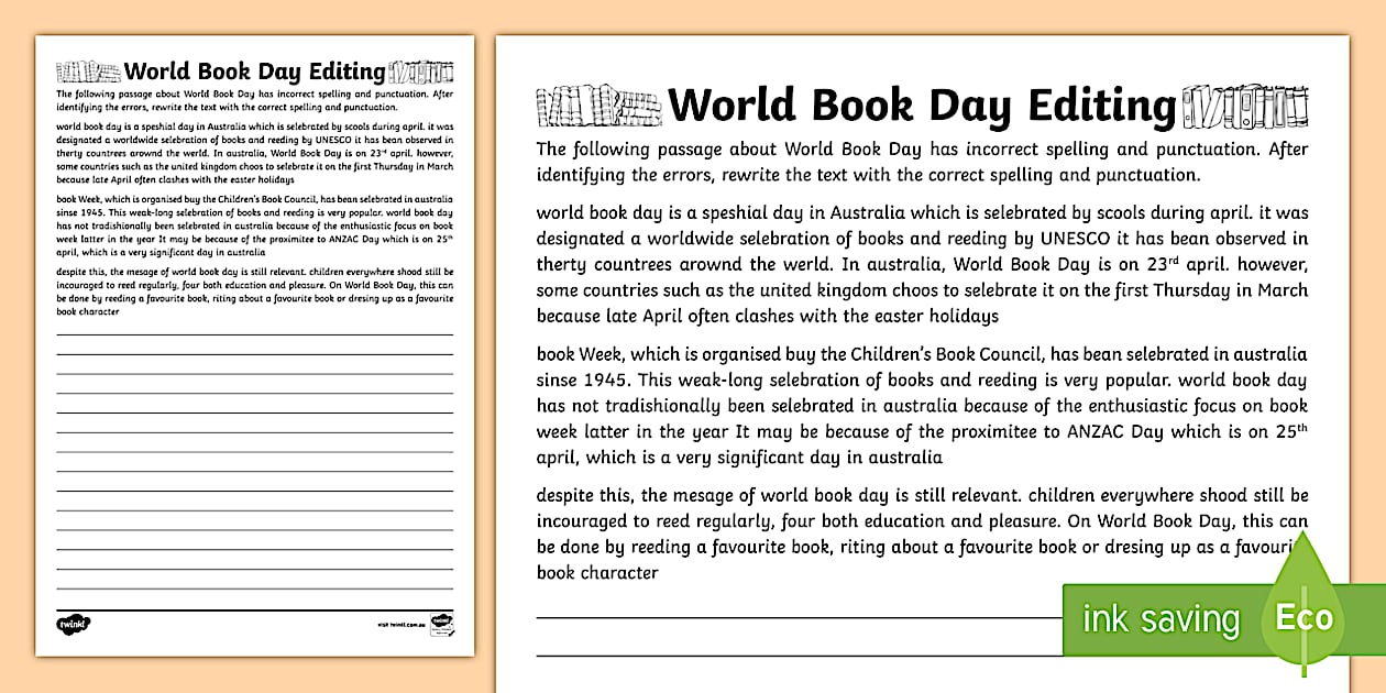 World Book Day Editing Worksheet