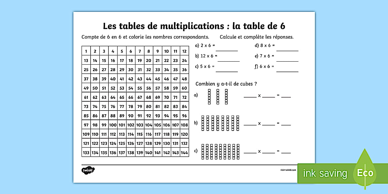 Fiche de calcul: la table de 6 les multiplications Feuille d'activités