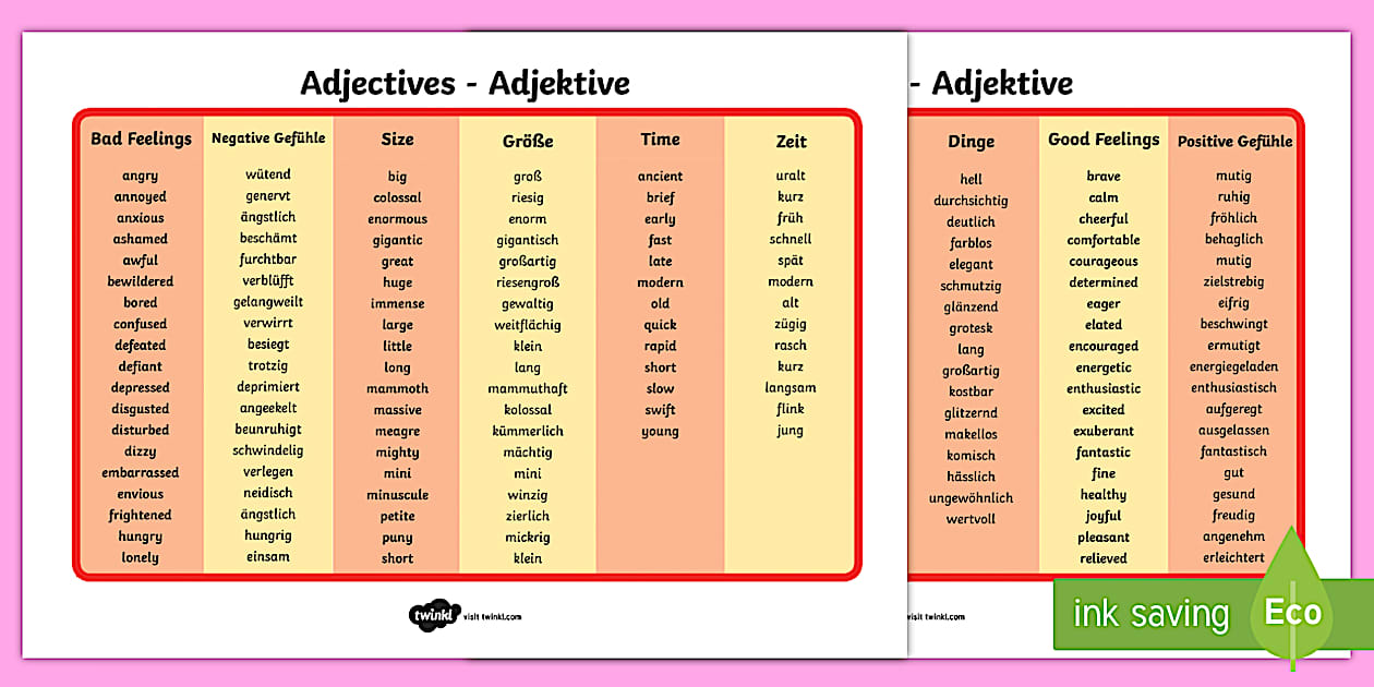 Adjective Word Mat - English / German - Englisch / Deutsche-German ...
