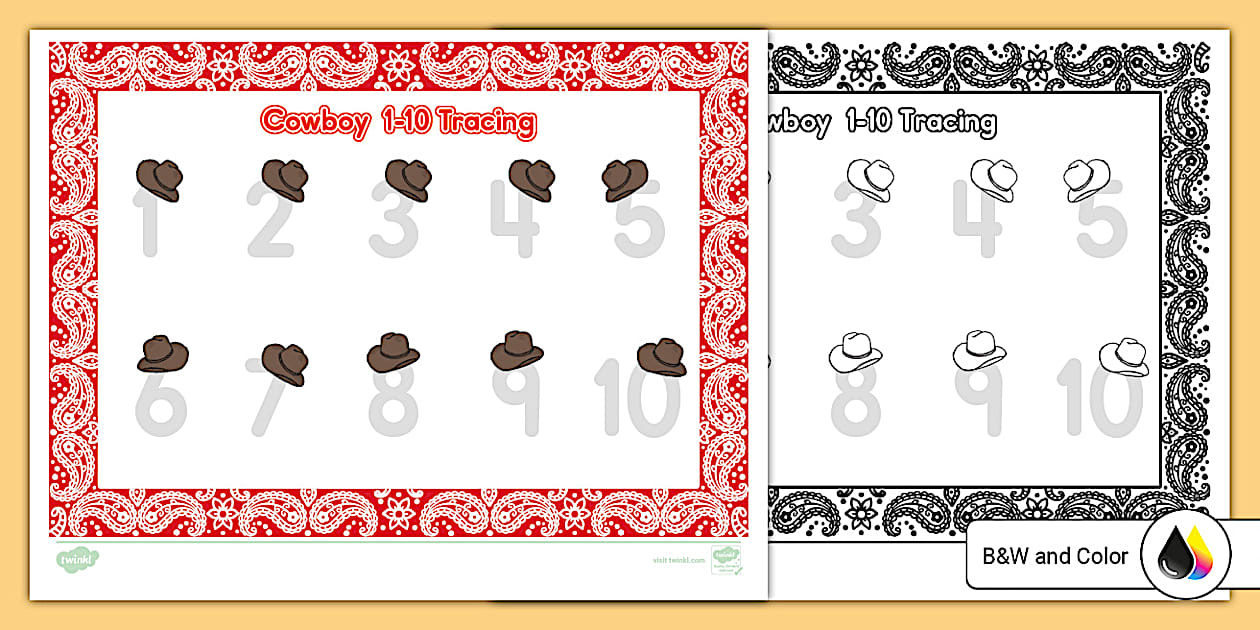 Cowboy 1-10 Tracing Worksheet (teacher made) - Twinkl