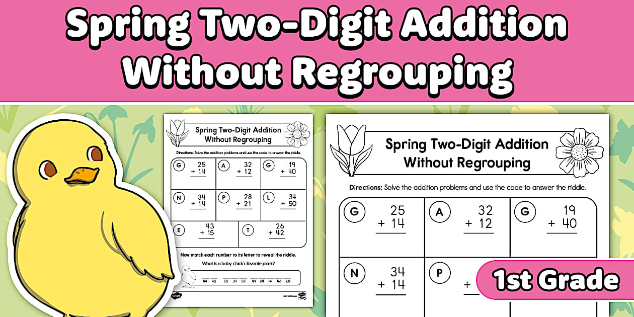 First Grade Spring Two-Digit Addition Without Regrouping Worksheet
