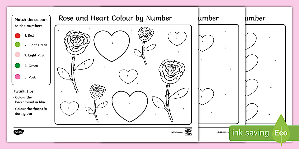 Roses and Heart Colour by Number Pages | Twinkl | KS1