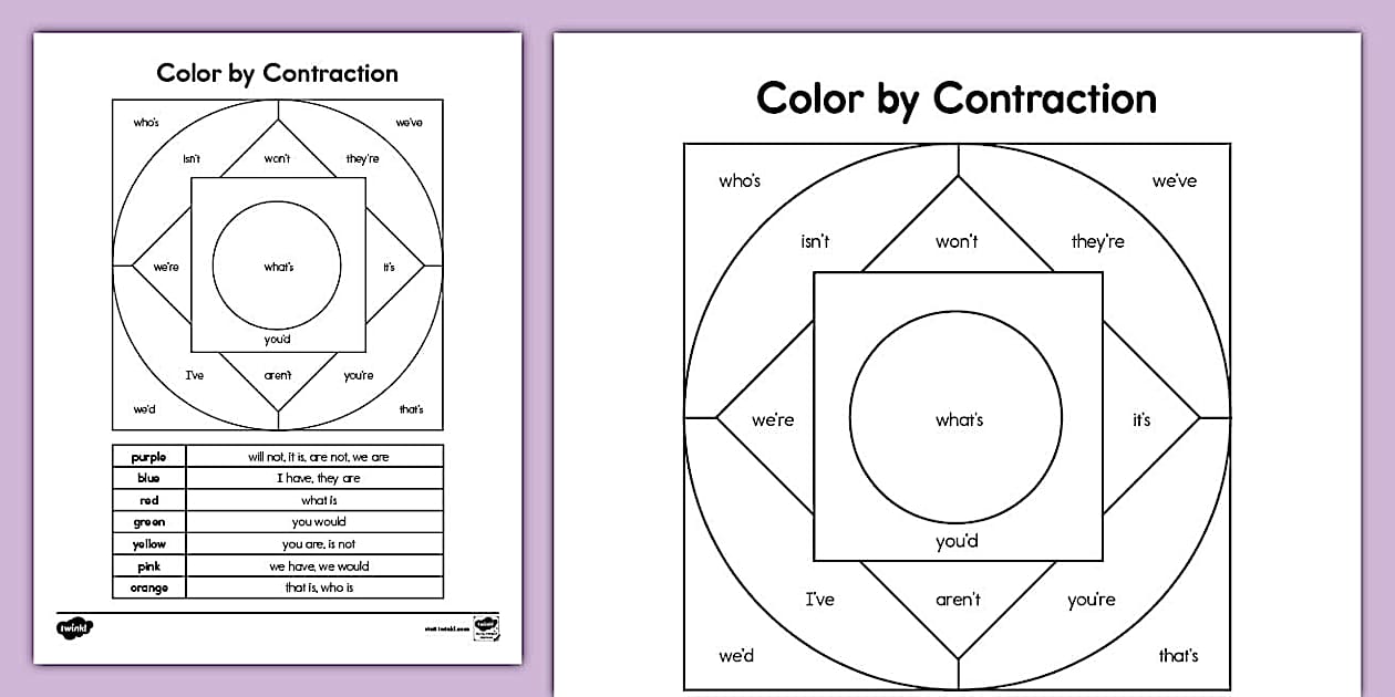 Second Grade Color by Contraction Word Worksheet - Twinkl