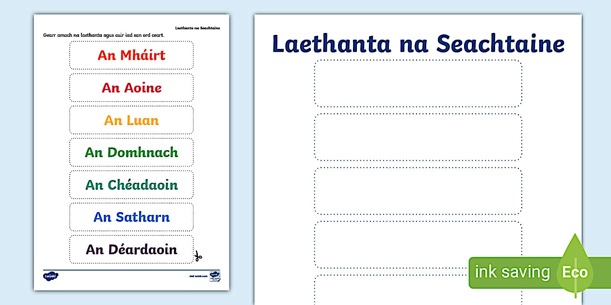 Laethanta na Seachtaine Gearr Amach Leathanach Oibre