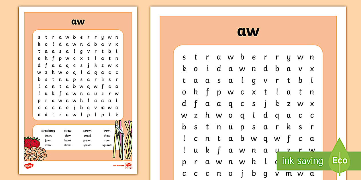 'aw' Digraph Differentiated Word Search (teacher made)