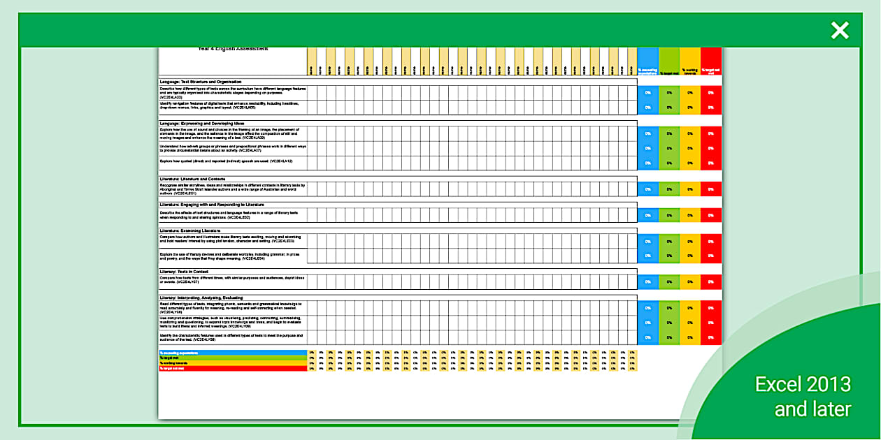 Victorian Curriculum Year 4 English Assessment Spreadsheet