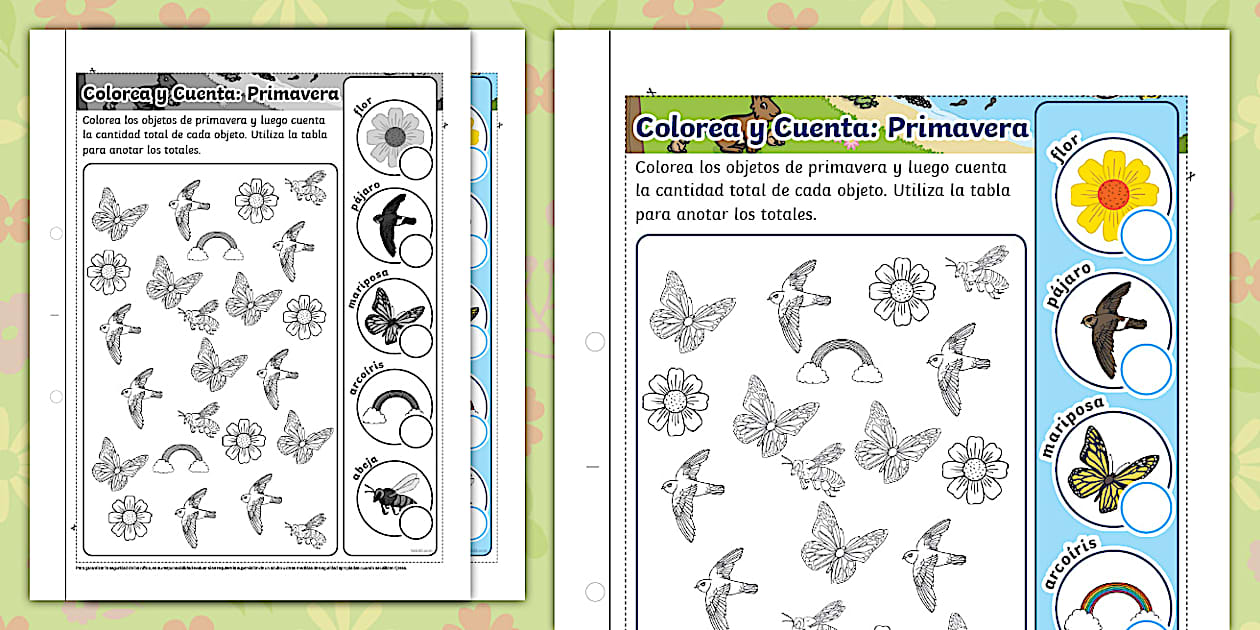 Guía de Trabajo: Colorea y Cuenta - Primavera - Twinkl
