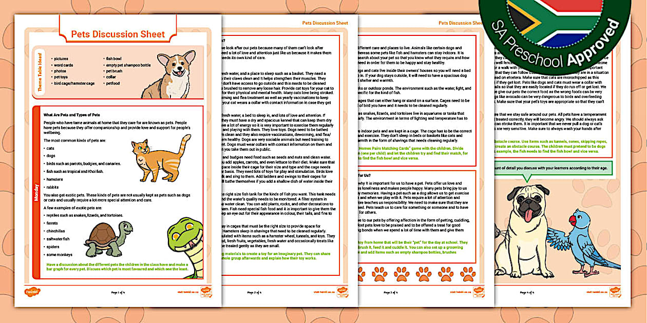 Preschool: Pets: Morning Ring Discussion Sheets