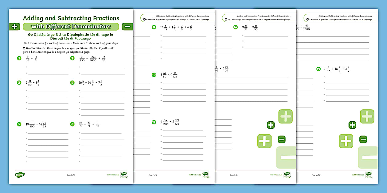Adding and Subtracting Fractions with Different Denominators Activity Sheet