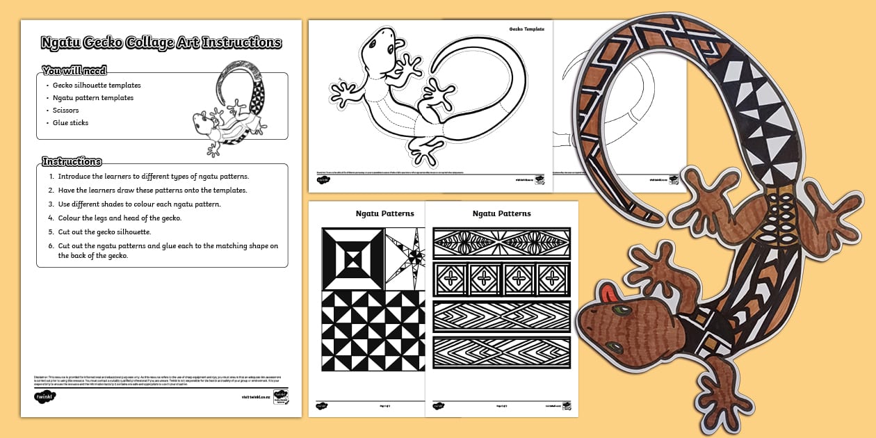 Ngatu Gecko Collage Art (teacher made) - Twinkl