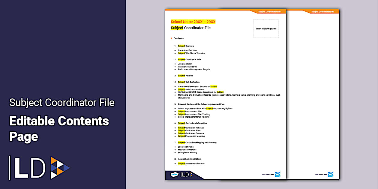 Foundation Subject Coordinator File Editable Contents Page