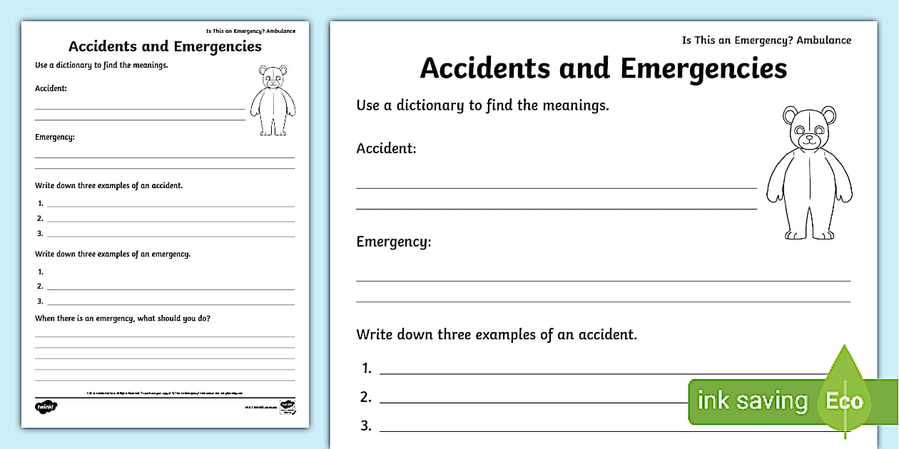 Dictionary Meanings for Accidents and Emergencies Worksheet to Support