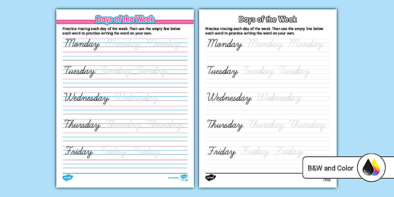 Cursive Days of the Week Practice Worksheet (teacher made)