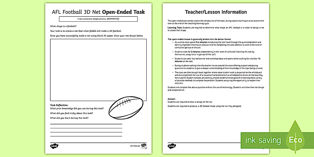 AFL Football 3D Net Open-Ended Task Worksheet - AC9M6SP01