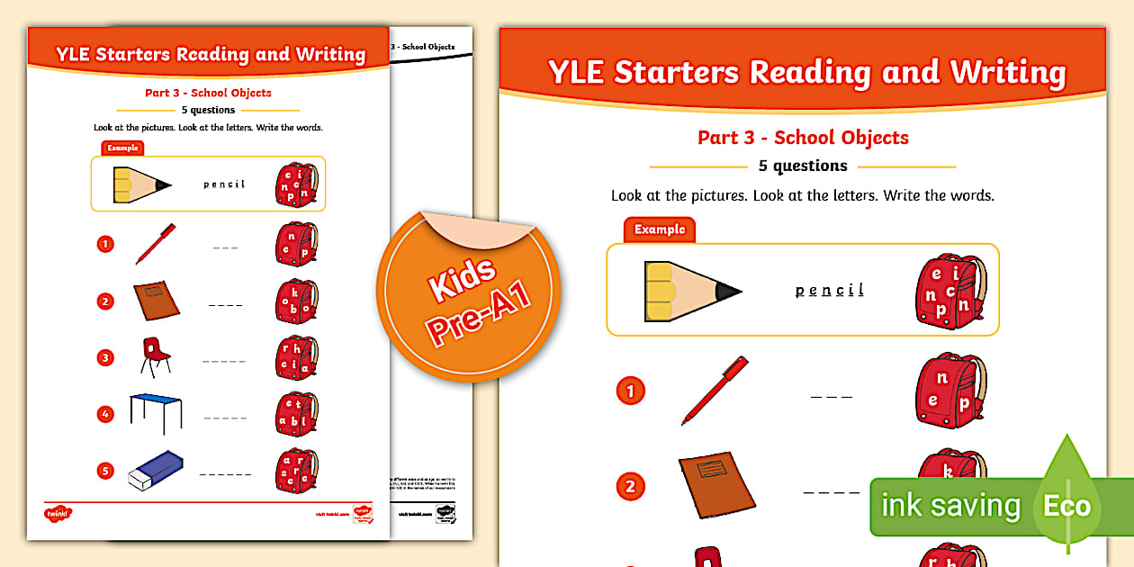 ESL YLE Starters Reading and Writing Part 3 Activity Sheet (School Objects)