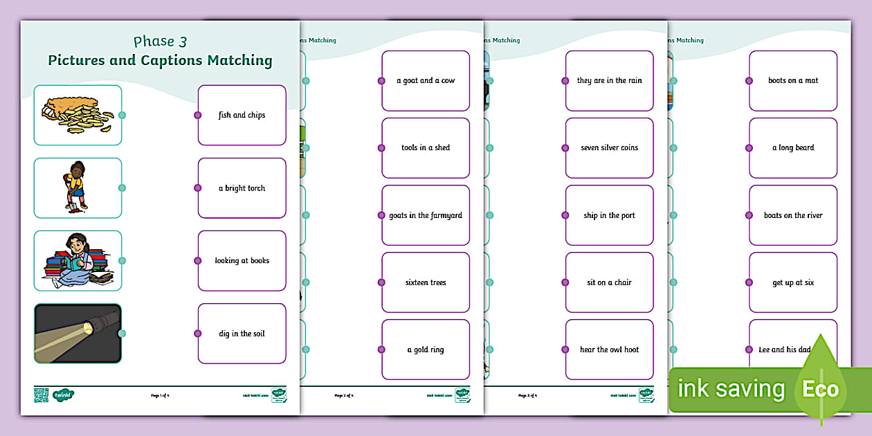 Phase 3 Picture and Caption Matching Worksheet - Twinkl