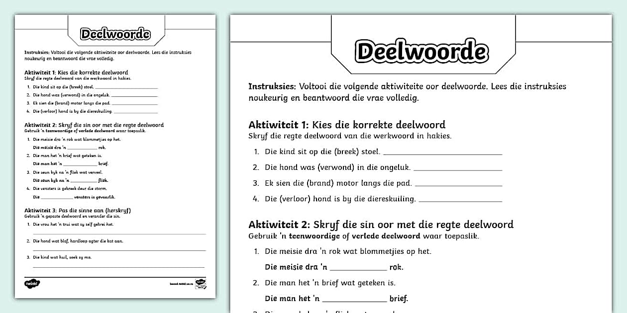 Deelwoorde Aktiwiteit (Lehrer gemacht) - Twinkl