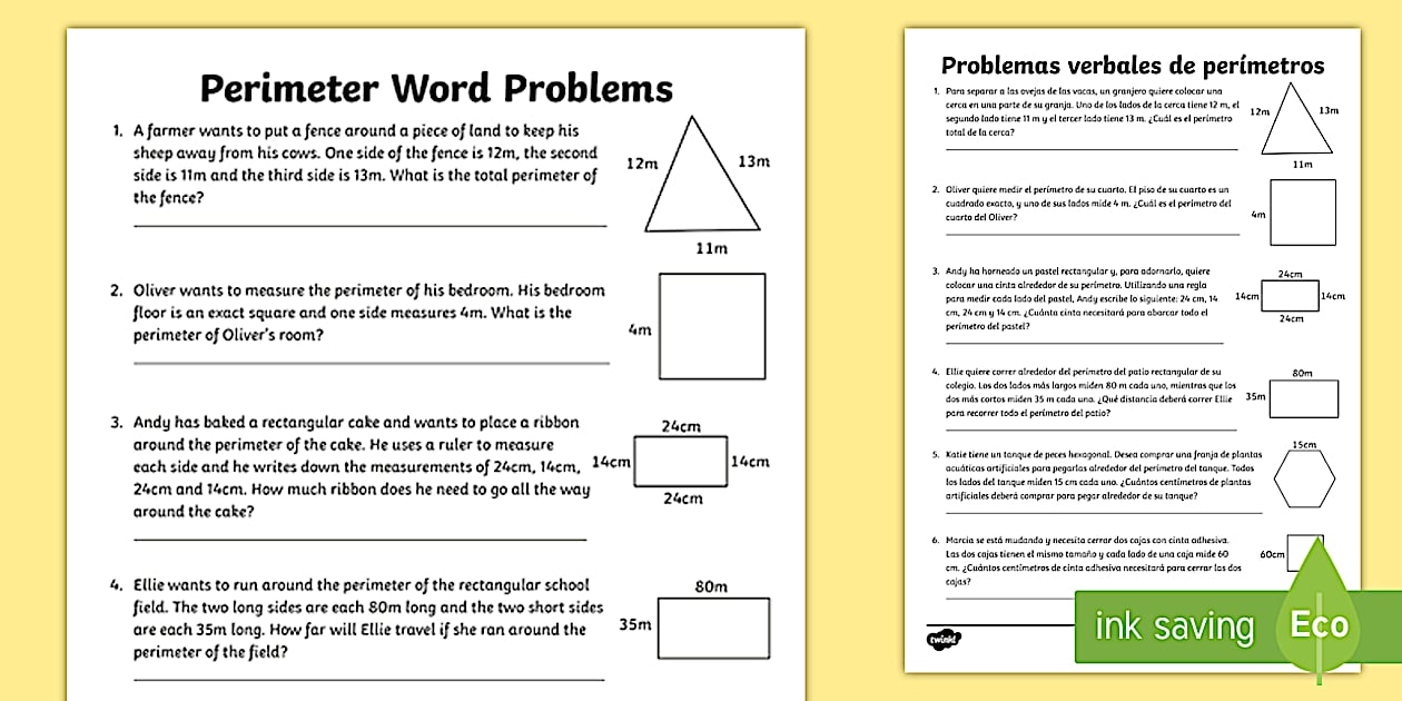 Y3 Perimeter Word Problems Worksheet English/Spanish