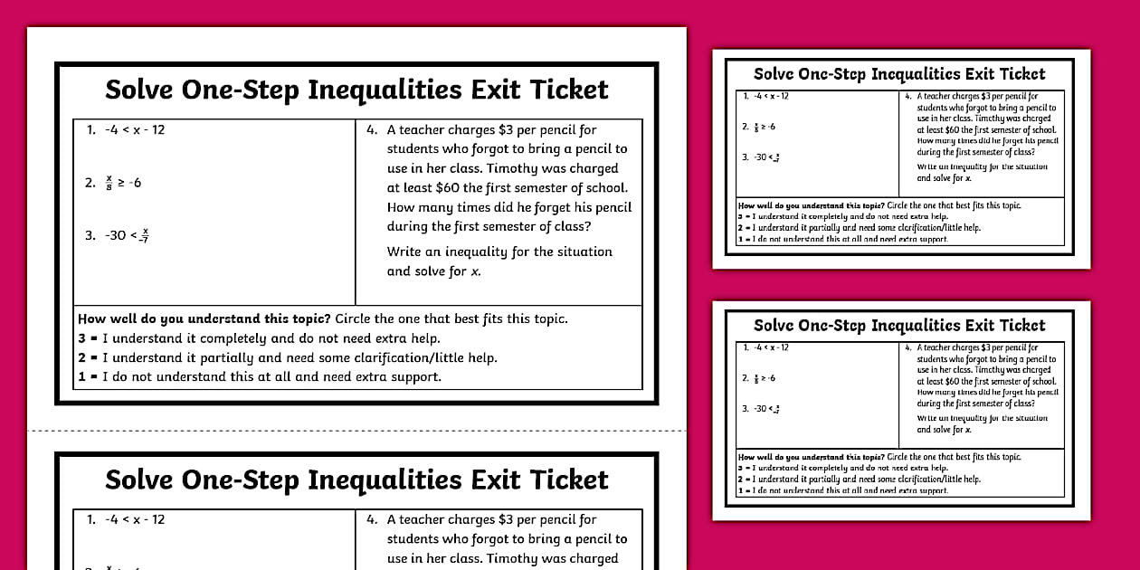 Seventh Grade Solve One-Step Inequalities Exit Ticket