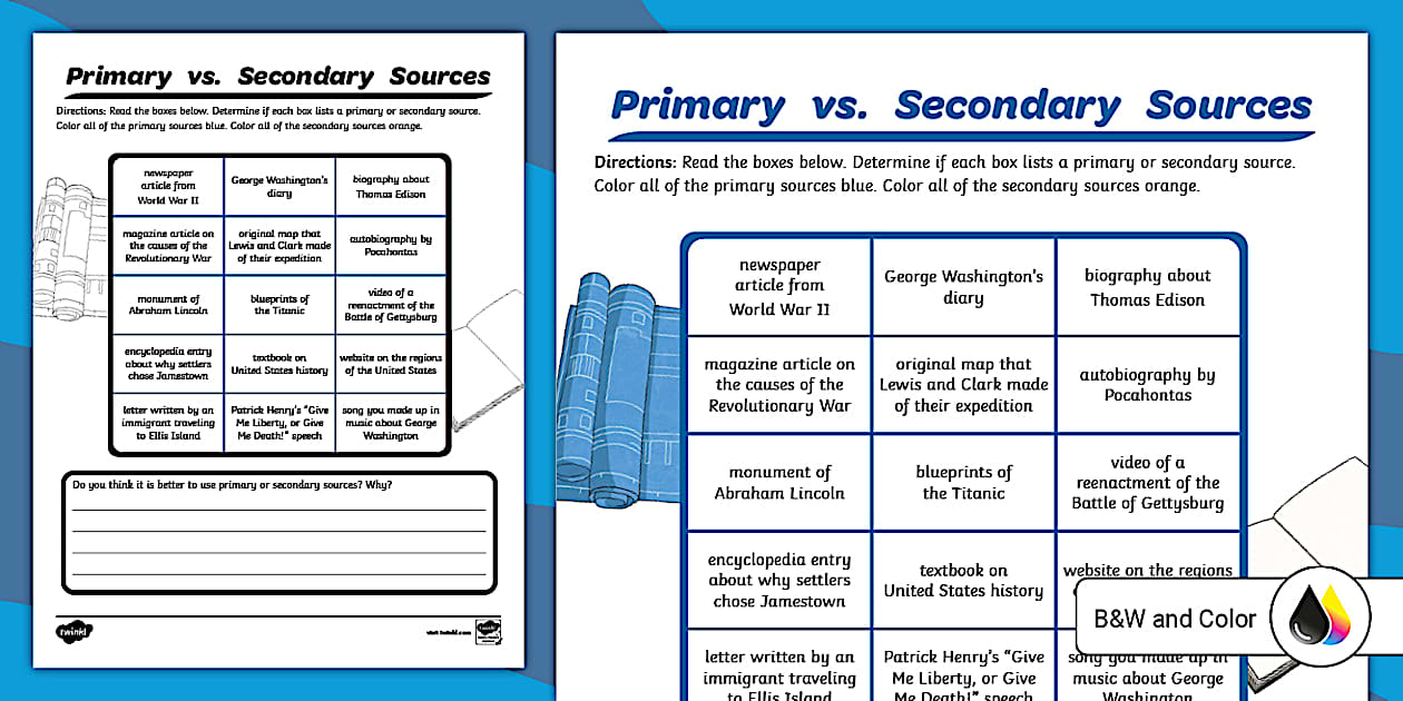 Primary vs. Secondary Sources Sorting Worksheet - Twinkl