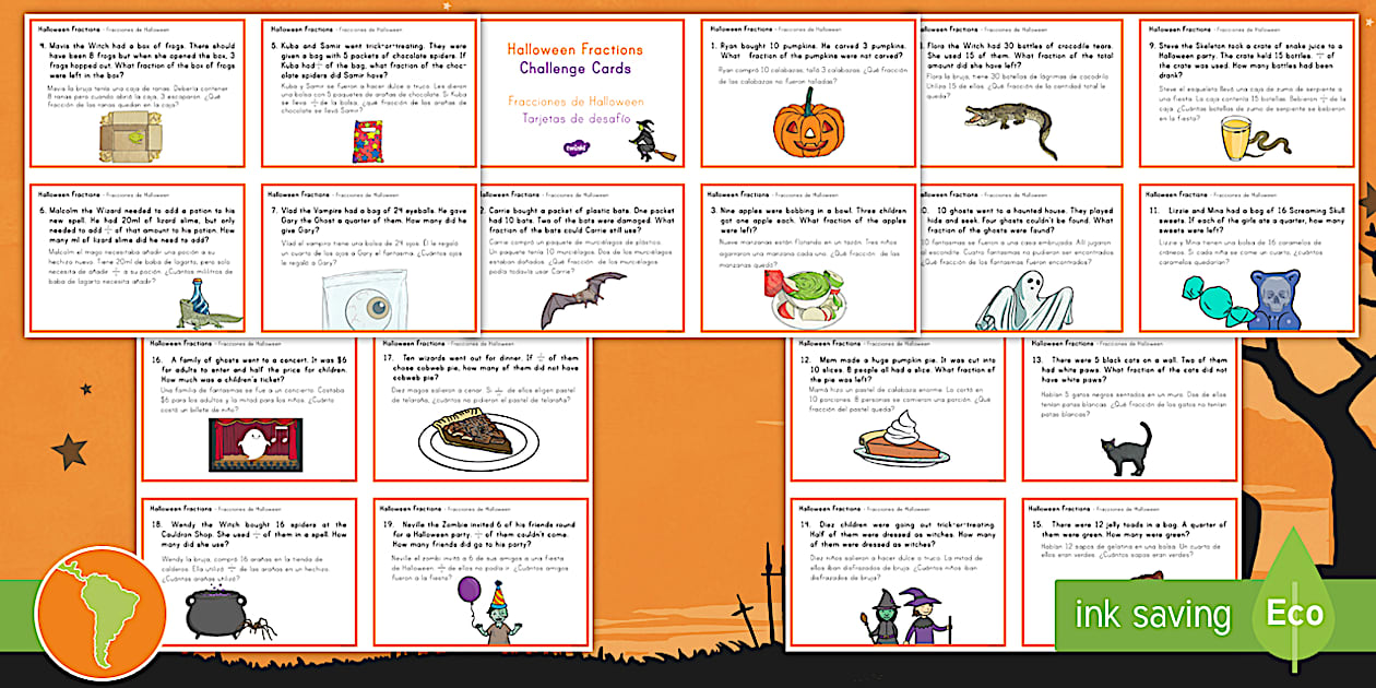 Halloween Fractions Challenge Cards English/Spanish - Twinkl