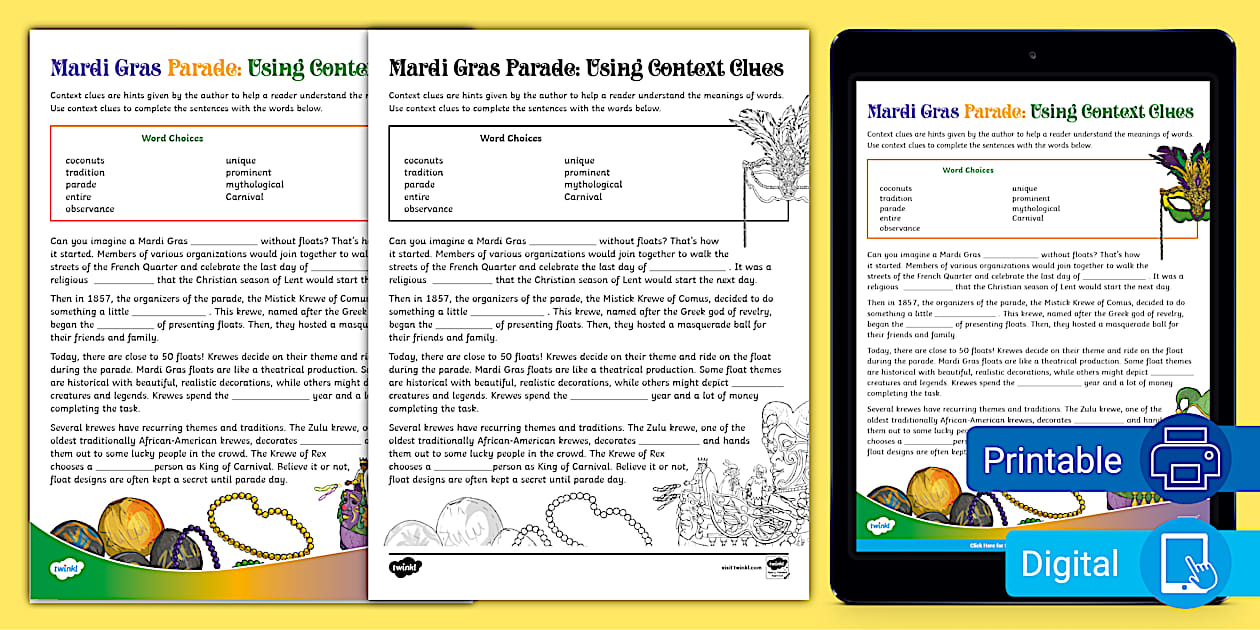 6th Grade Mardi Gras Context Clues Worksheet | Twinkl USA