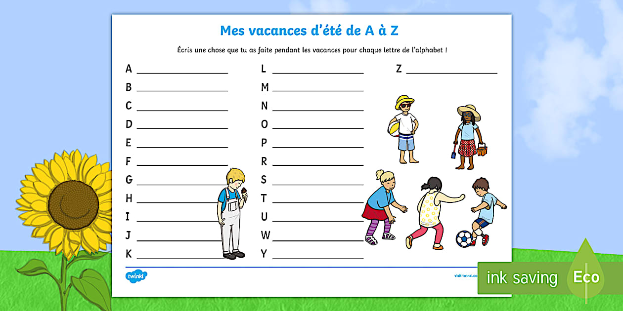 Feuille illustrée pour la production d'écrits : Mes vacances d'été de A à Z