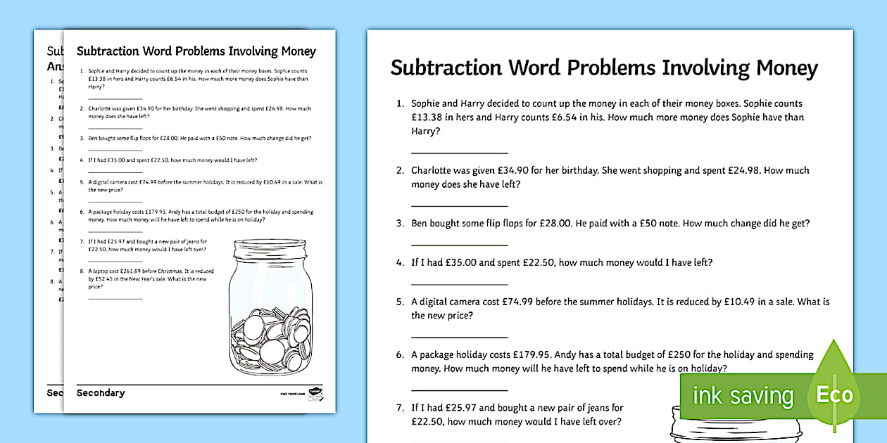 Subtraction Word Problems Worksheet | KS4 Maths | Beyond