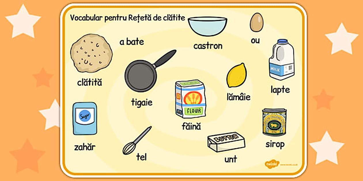 Reteta de clatite, plansa de cuvinte, postul Pastelui, Romanian