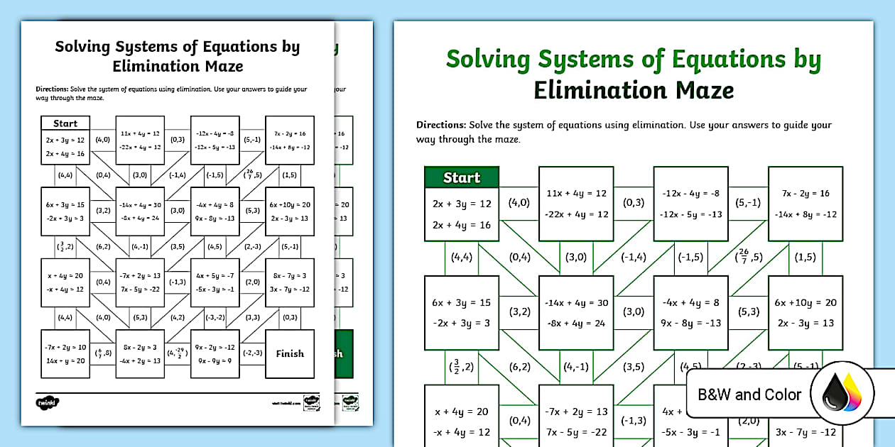 Eighth Grade Solving Systems of Equations by Elimination Maze Worksheet