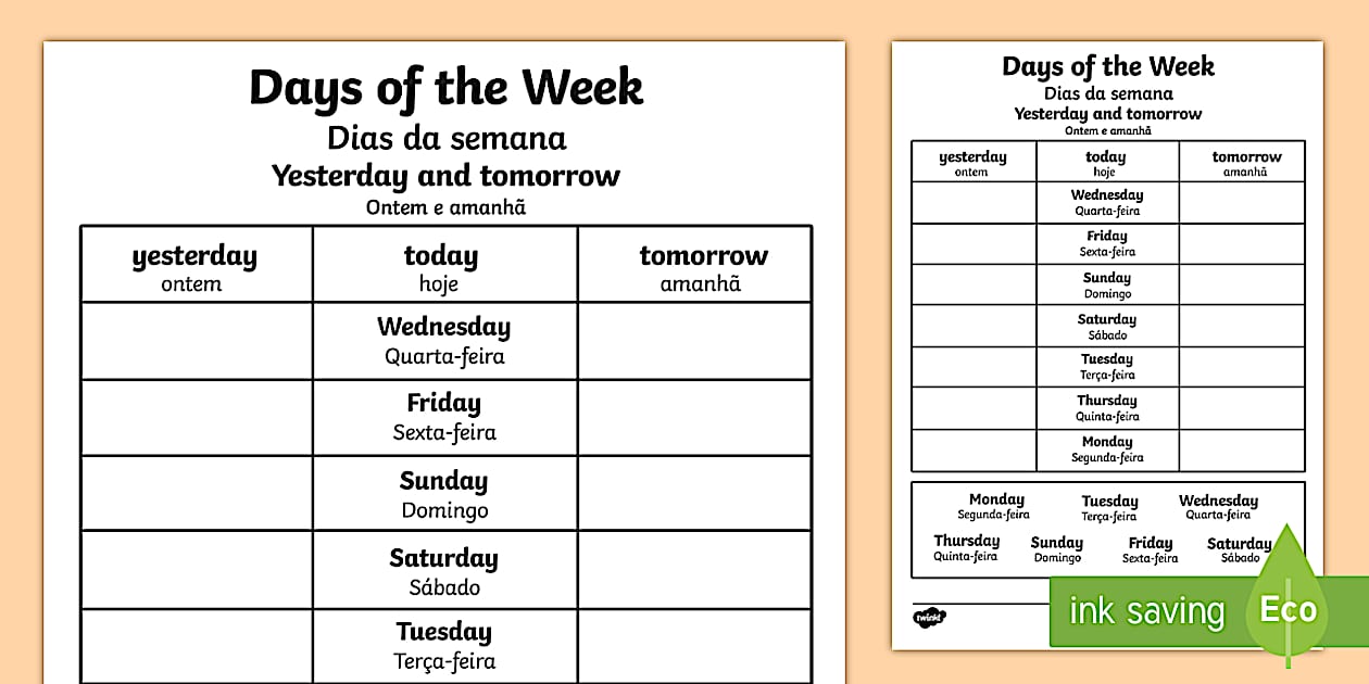 Days of the Week Yesterday and Tomorrow Worksheet / Worksheet
