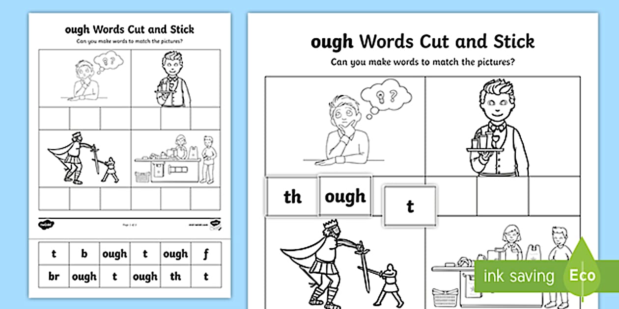 ‘ough’ Sound Phonics Cut and Stick Worksheet - CfE Resources