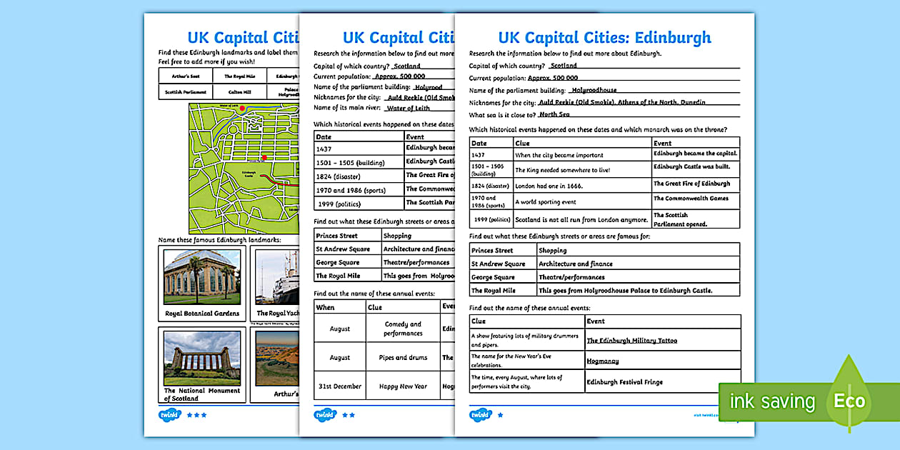 UK Capital Cities: Edinburgh Differentiated Worksheets