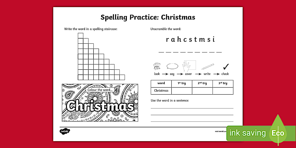 Christmas Spelling Practice Worksheet (teacher made)