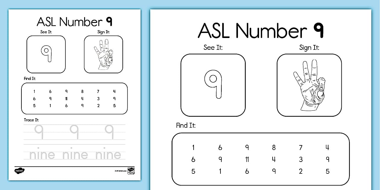 ASL Number 9 Worksheet (teacher made) - Twinkl