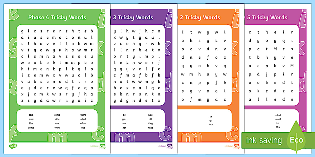 Cursive Tricky Words Phase 2 to 5 Word Search Activity Pack