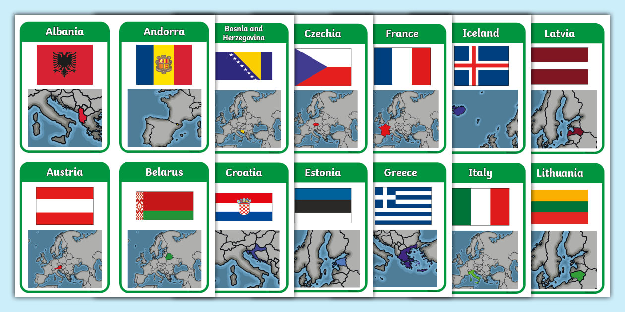 European Country Shapes and Flags Flashcards - Twinkl