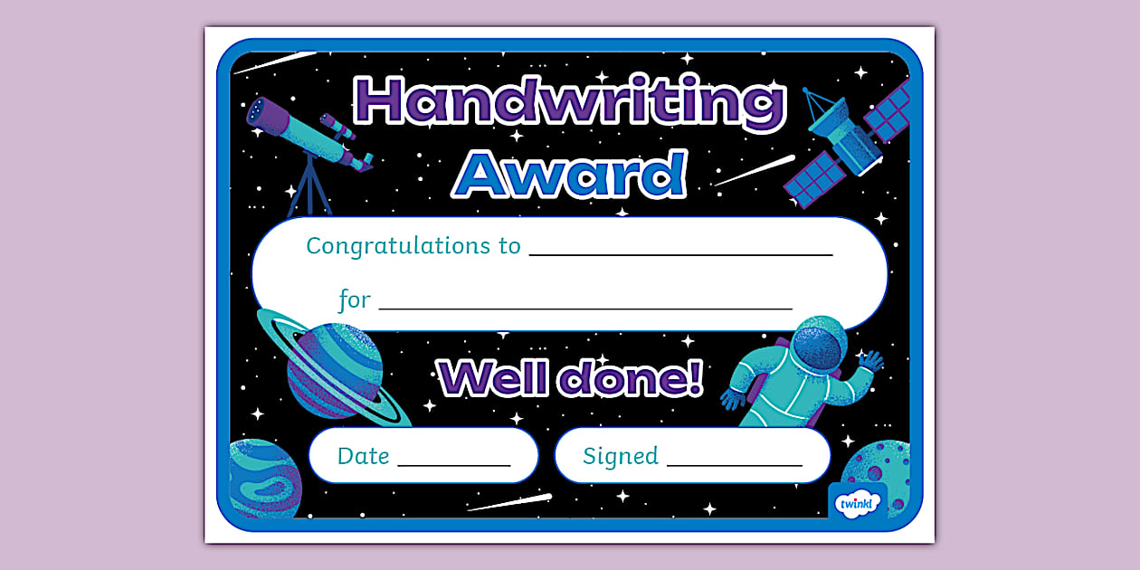 Space-Themed Handwriting Award Certificate (Teacher-Made)