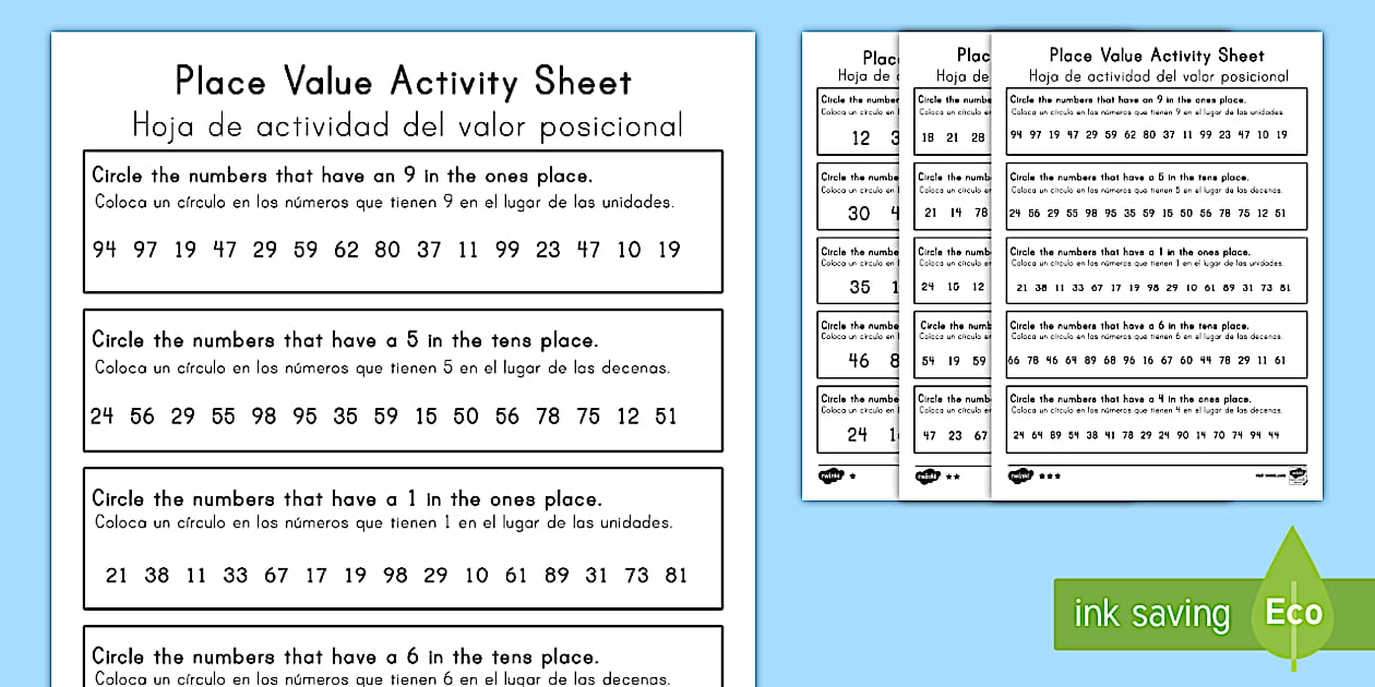 Place Value Worksheet 2 Digits English/Spanish - Place Value Worksheet 2