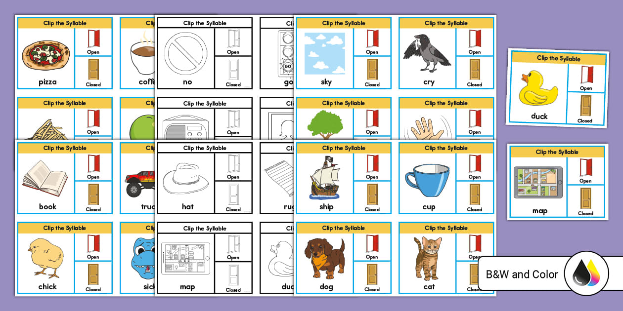 Open and Closed Syllables Clip Cards for K-2nd Grade