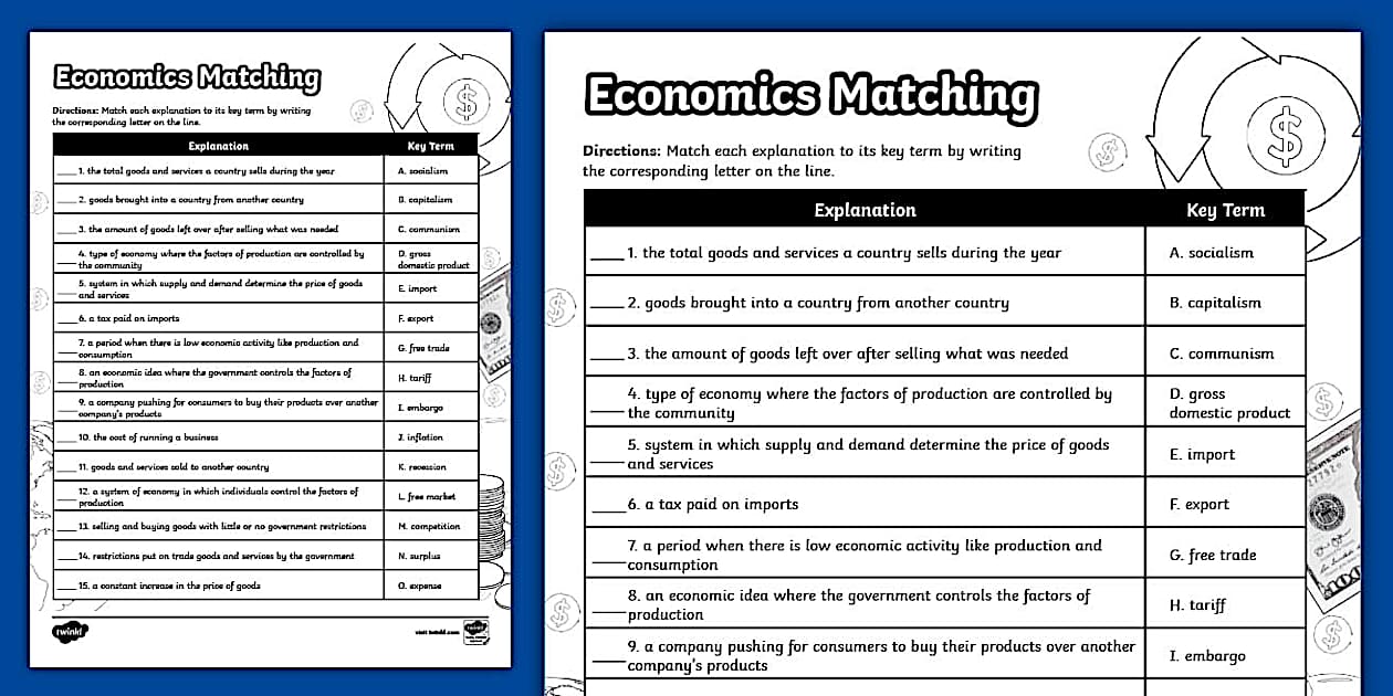 Eighth Grade Economics Matching Worksheet (teacher made)